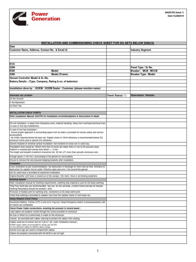 Installation and Commissioning Checksheet Below 500 Kva | PDF ...