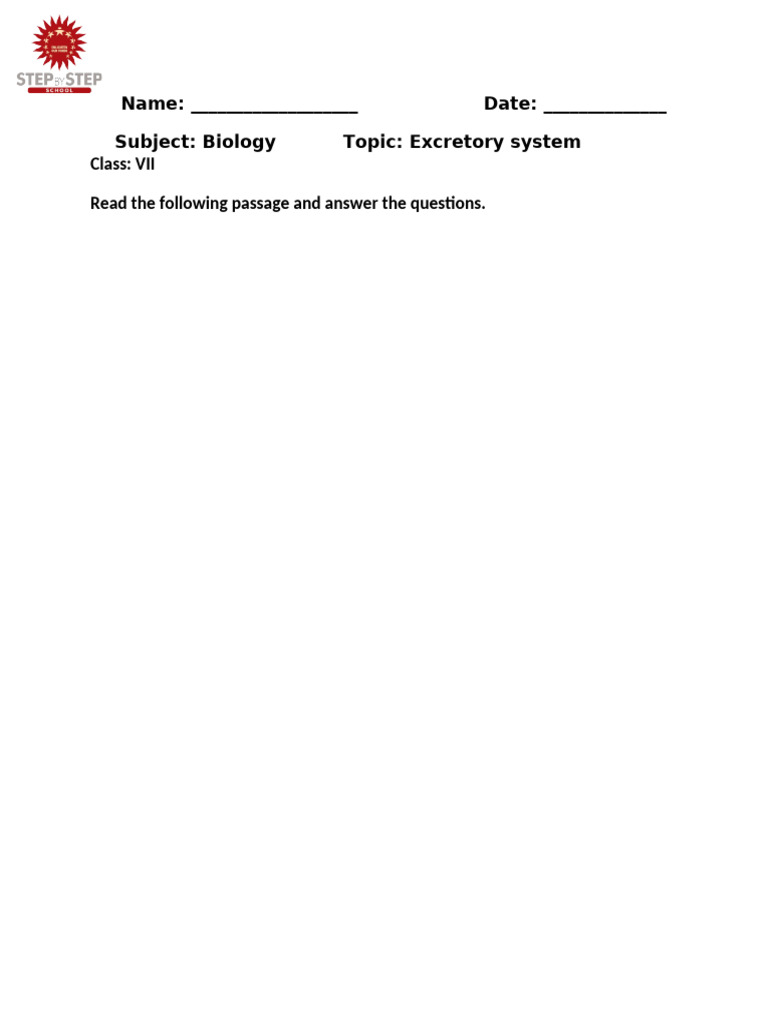 comprehension worksheet - excretory system (2)1 | PDF