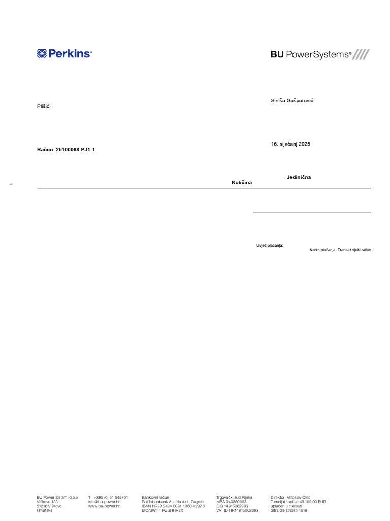 Plišići Siniša Gašparović: Račun 25100068-PJ1-1 | PDF