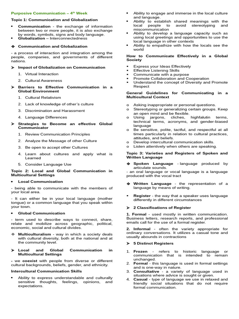 PurCom - 4th Week - Reviewer - Prelims | PDF | Communication | Dialect