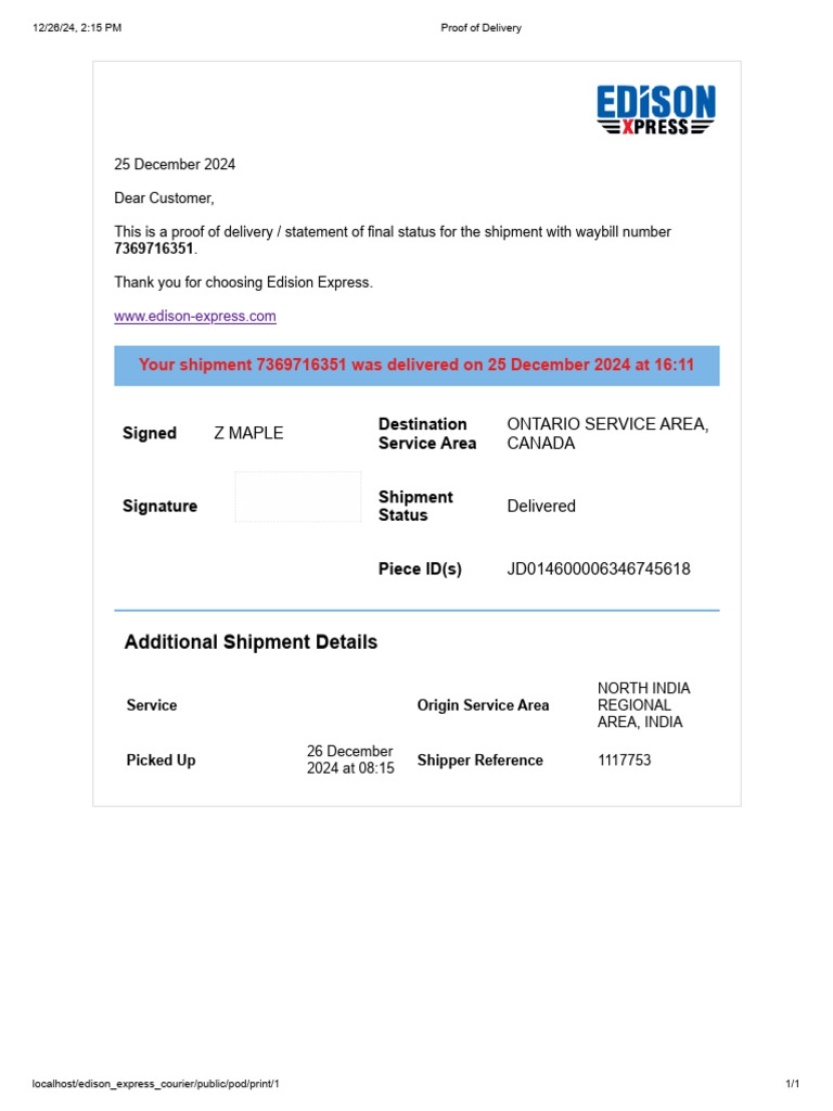Proof of Delivery for Shipment 7369716351 | PDF