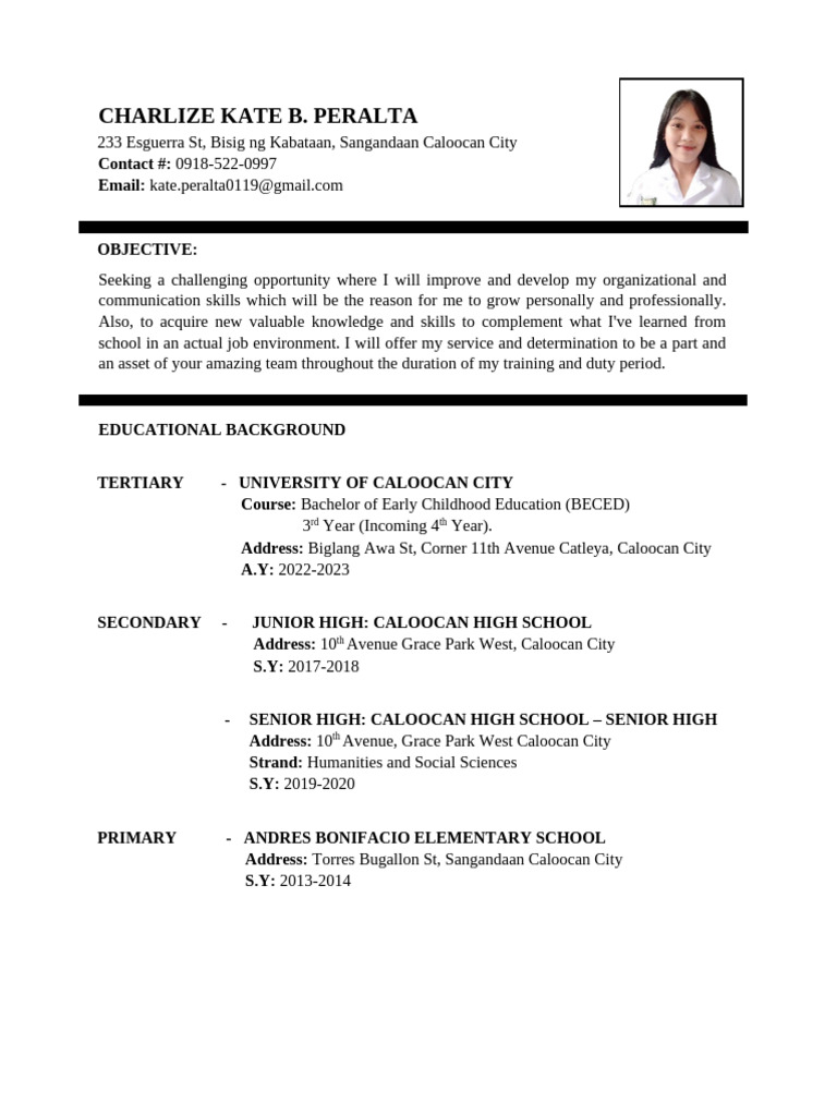 Resume of Charlize Kate B. Peralta. | PDF