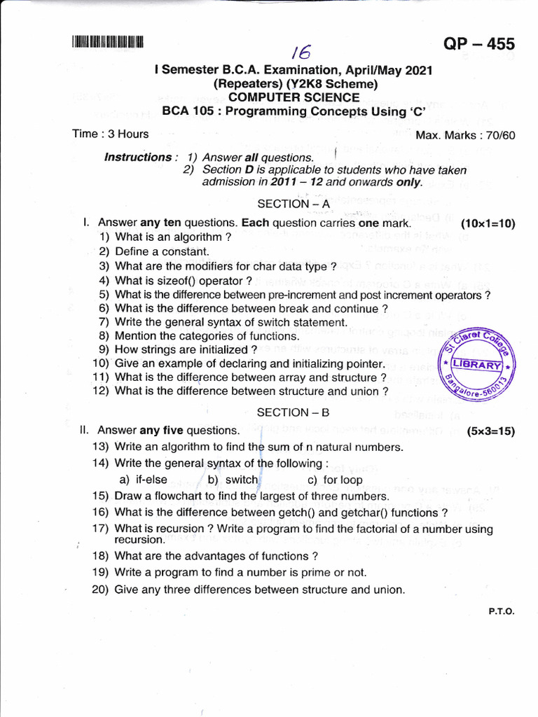 16 Programming Concepts Using C – April May 2021 (Repeaters Y2K8) | PDF | String (Computer ...