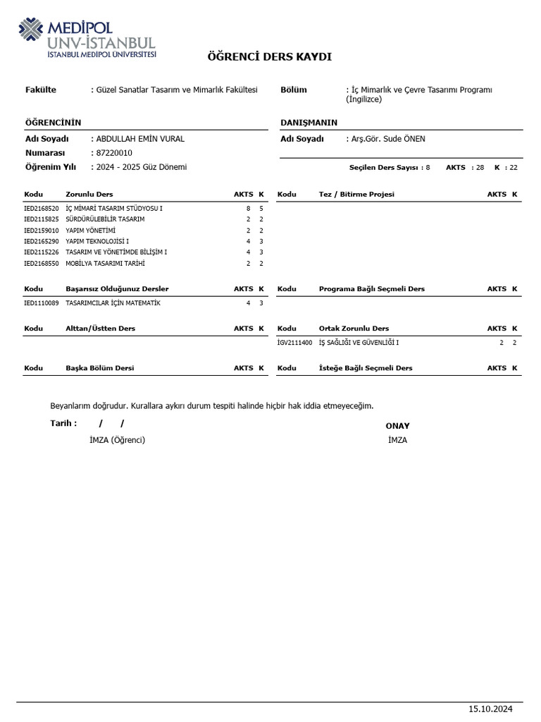ABDULLAH - EMIN - VURAL - Lisans - DersSecimFormu 2 | PDF