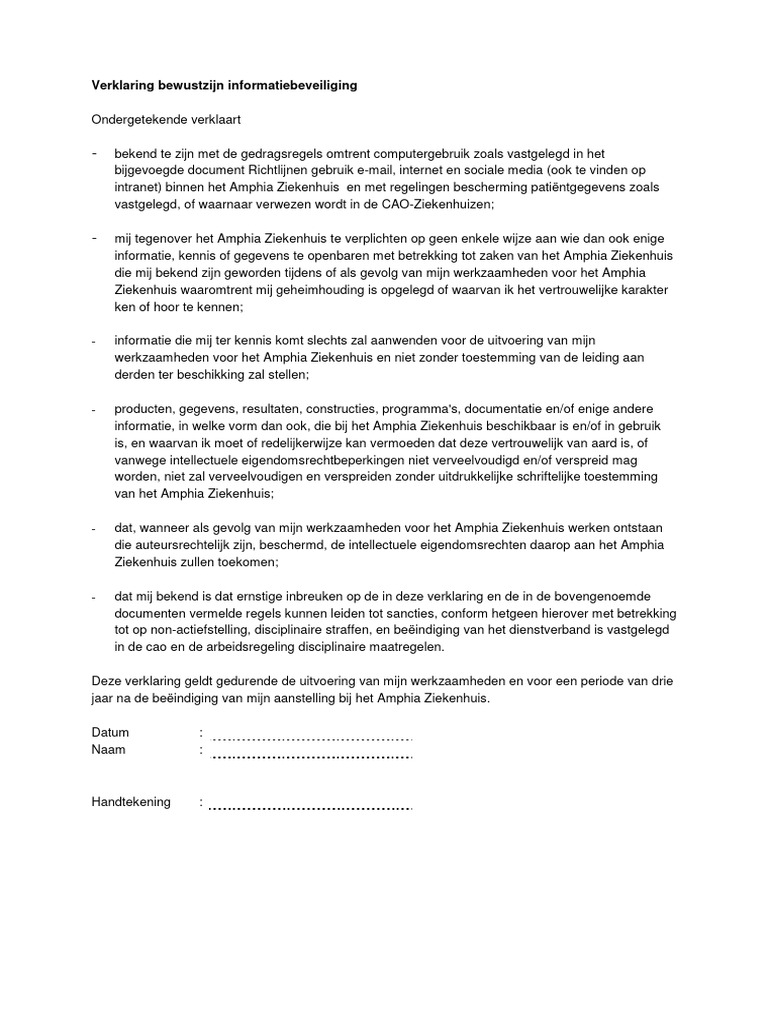 Verklaring Bewustzijn Informatiebeveiliging | PDF