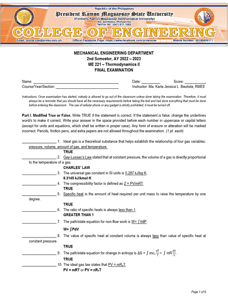 ME 221 KTC Final Examination | PDF | Gases | Pressure