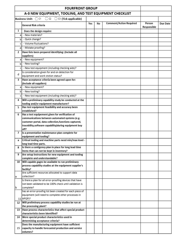 A-3 New Equipment, Tooling, and Test Equipment Checklist | PDF