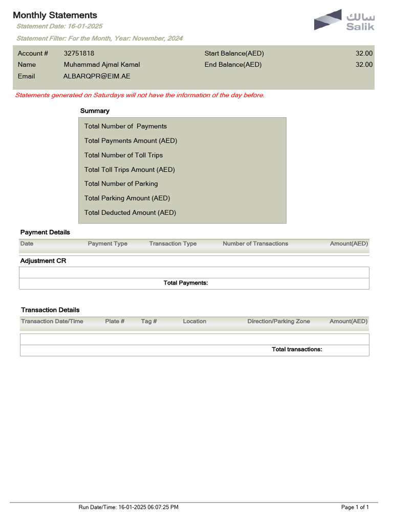Monthly Statements: Statements Generated On Saturdays Will Not Have The ...