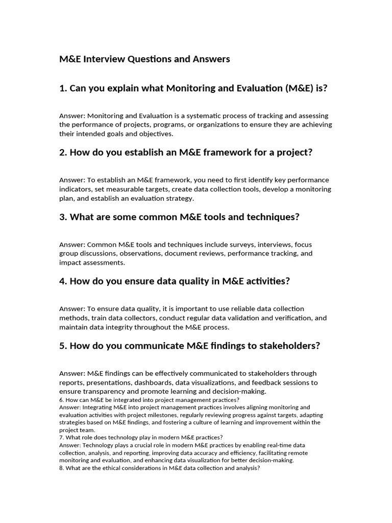 M&E interview question | PDF | Evaluation | Program Evaluation