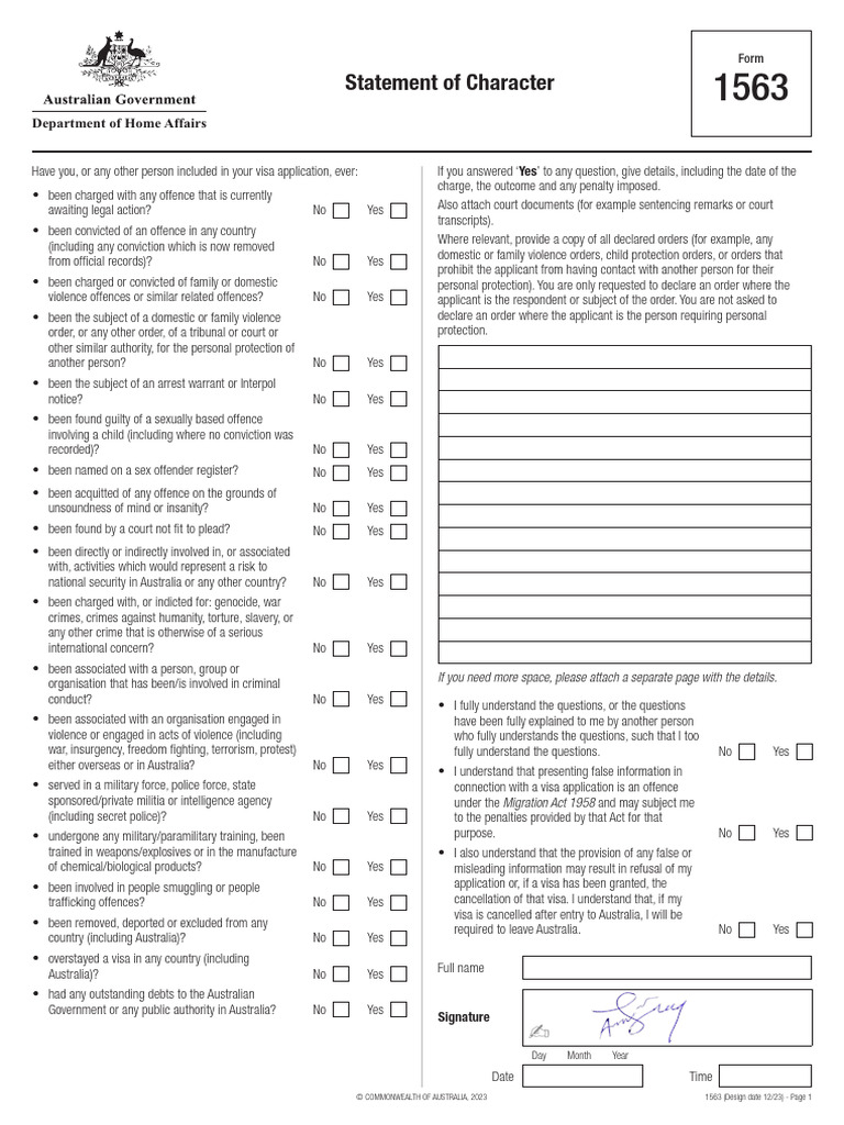 Form 1563 - Statement of Character | PDF | Crimes | Crime & Violence