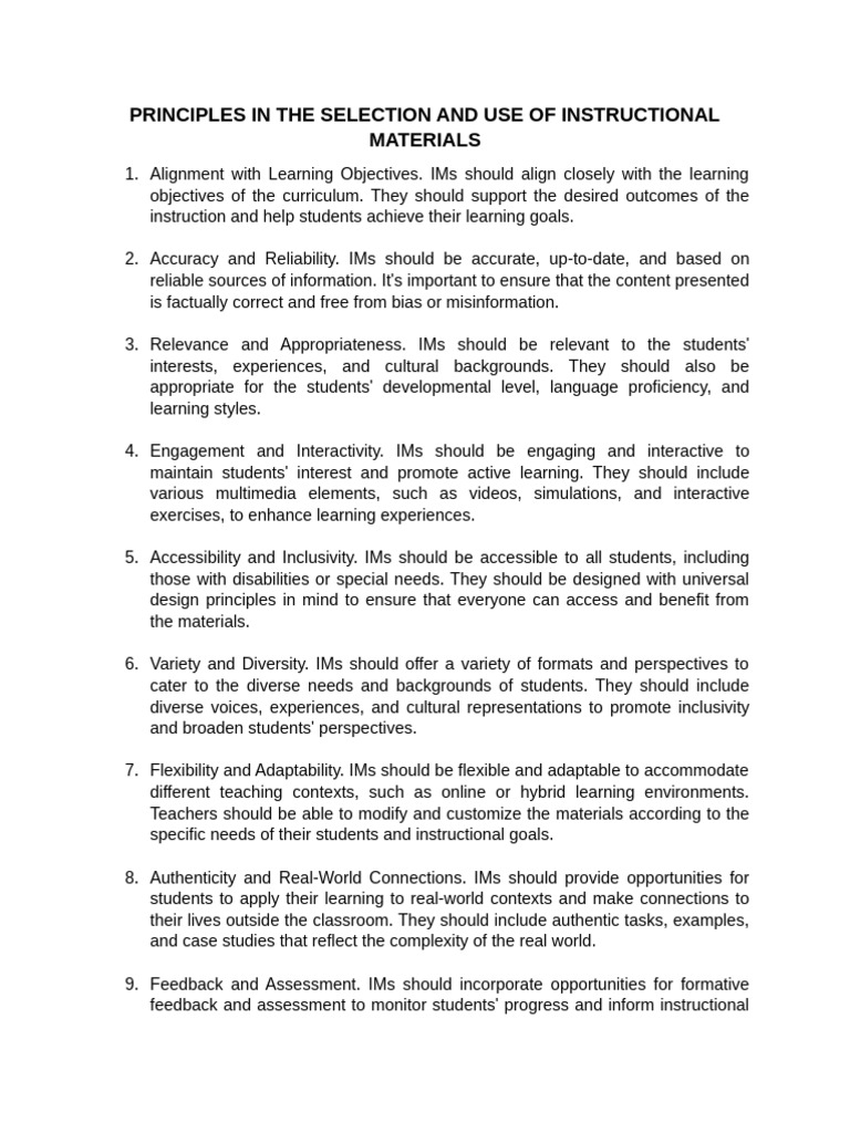 Principles in The Selection and Use of Instructional Materials 1 | PDF | Classroom Management ...