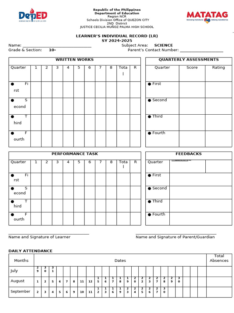 Grade 10 Science Learner Record 2024-2025 | PDF | Schools