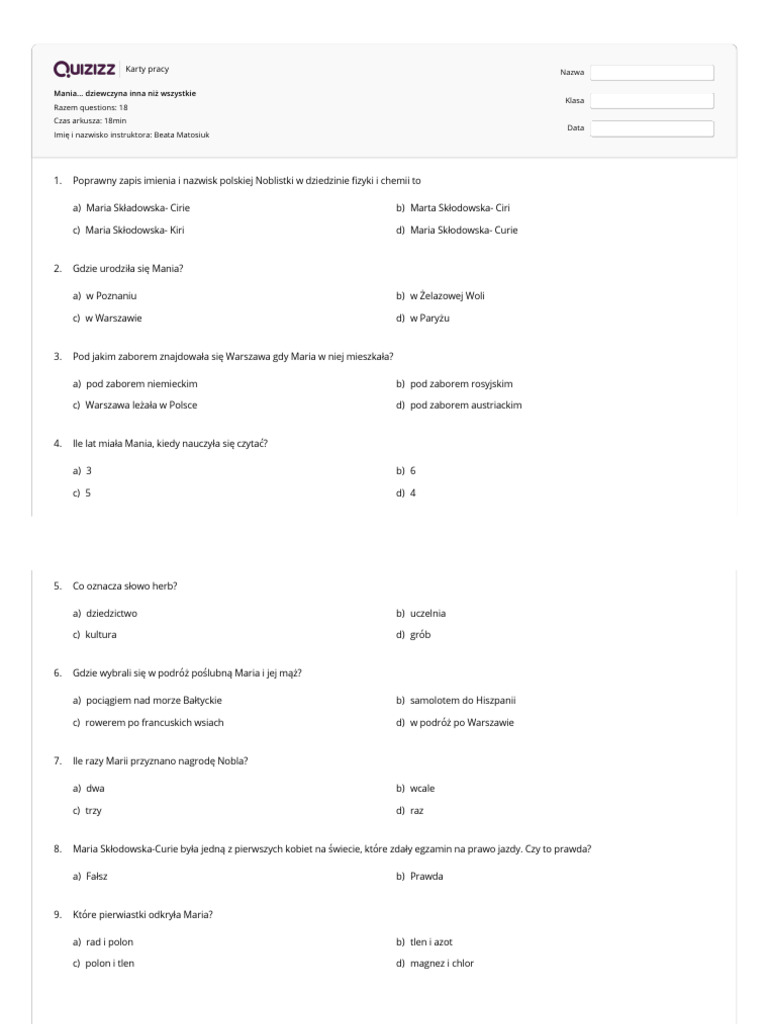 Mania... Dziewczyna Inna Niż Wszystkie - Quizizz | PDF