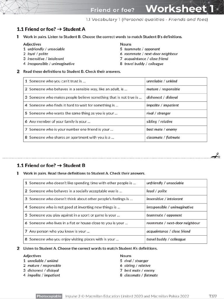 friend of foe worksheet 1 vocabulary 1 | PDF