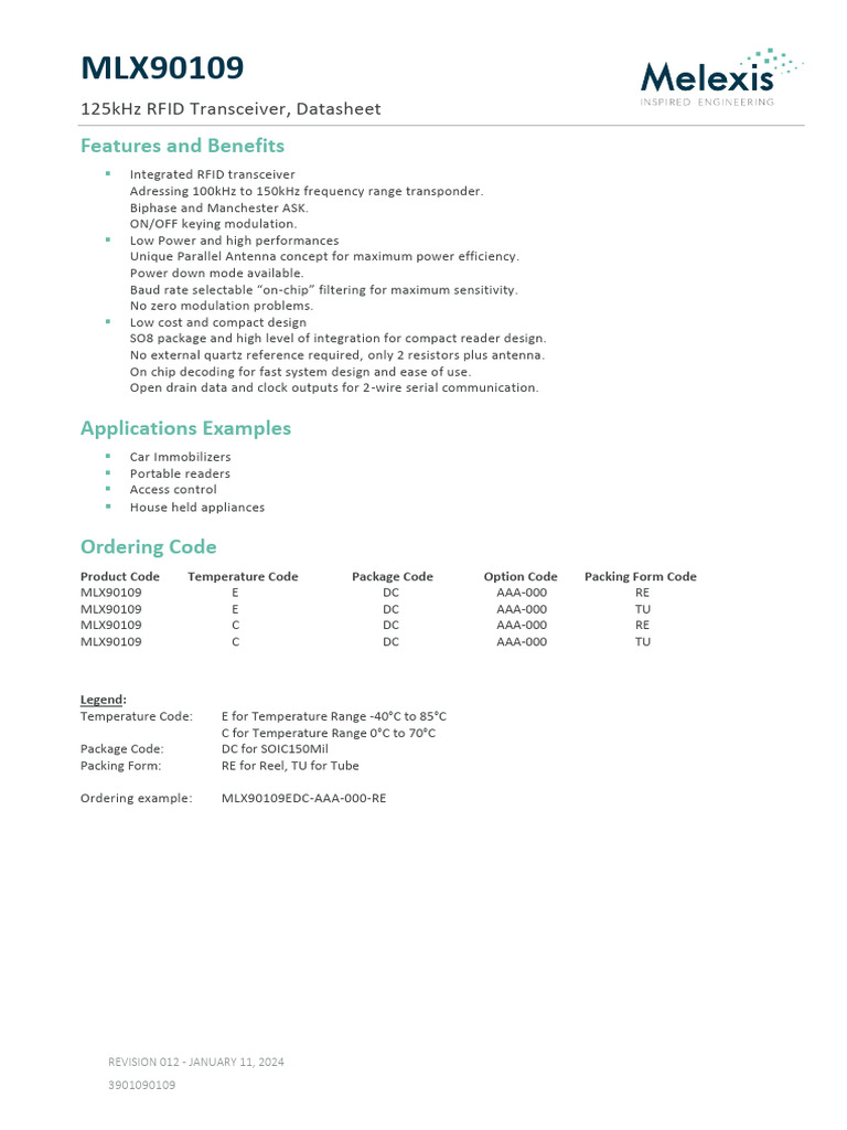 MLX90109 Datasheet Melexis | PDF | Electronic Oscillator | Detector (Radio)