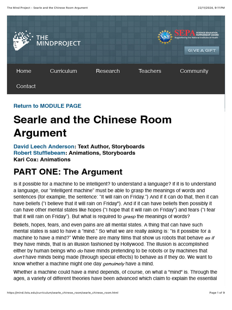 The Mind Project - Searle and the Chinese Room Argument | PDF | Mind ...