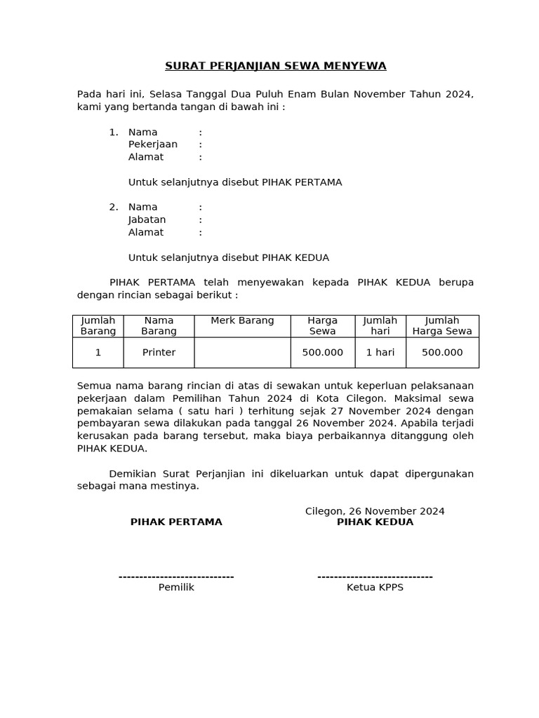Surat Perjanjian Sewa Printer Dan Scanner | PDF