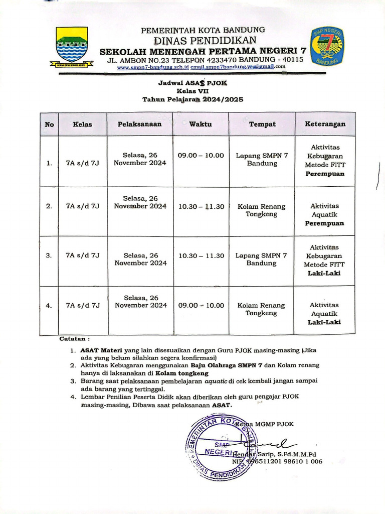 Jadwal Asas Pjok Kelas 7 | PDF