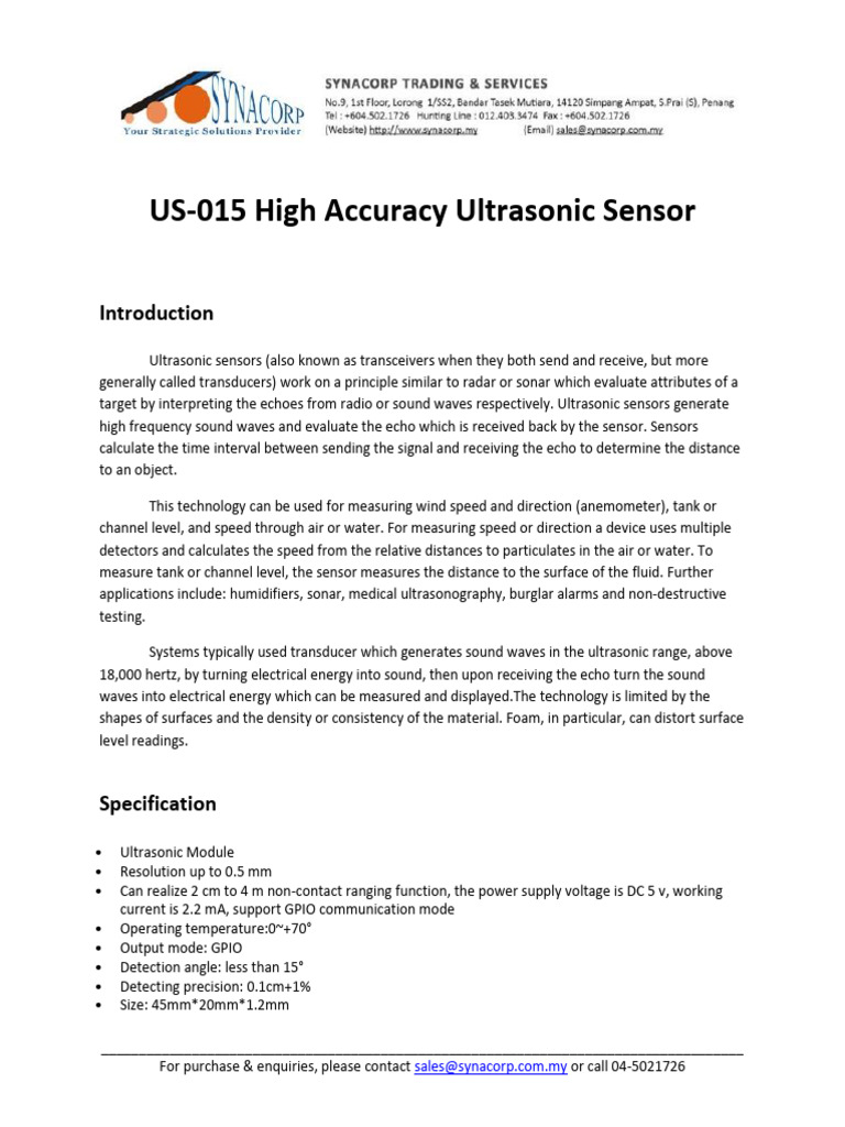 US-015 High Accuracy Ultrasonic Sensor | PDF | Electrical Engineering ...