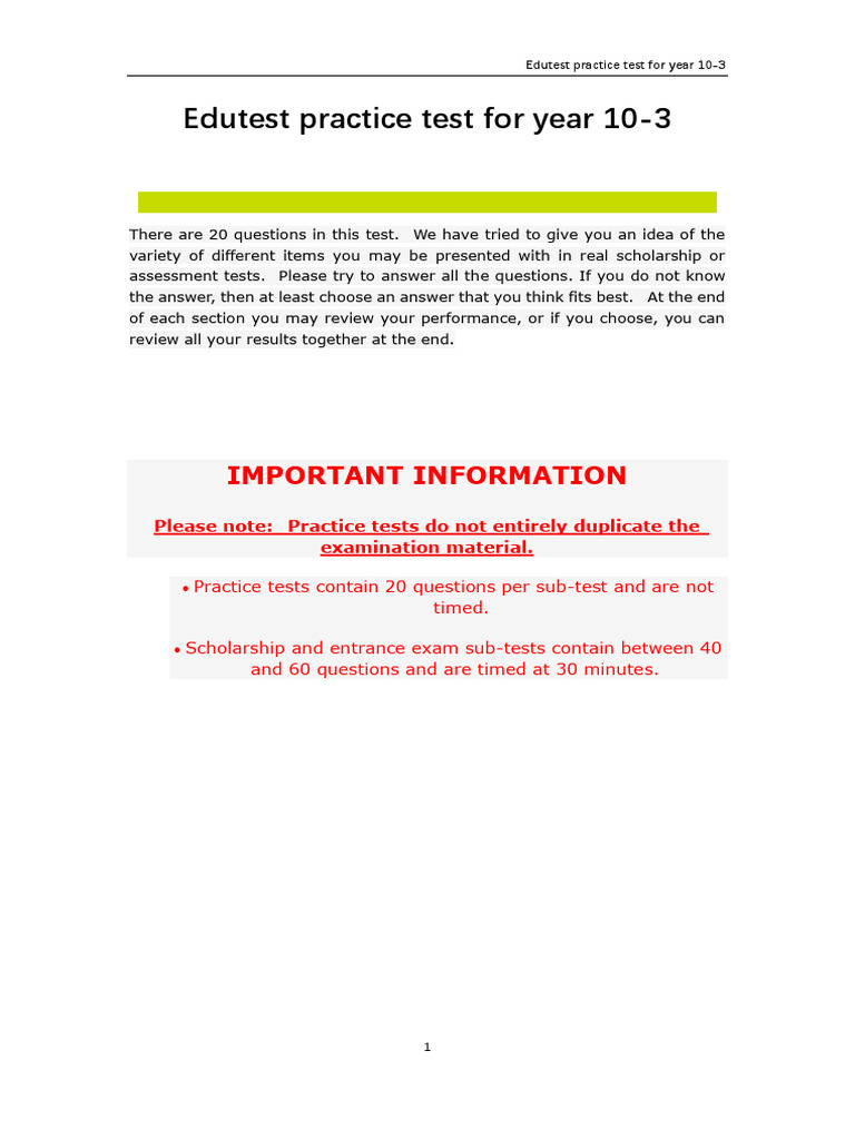 Edutest Practice Test For Year 10-3 | PDF