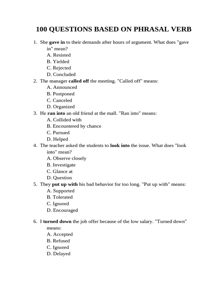 100 Questions Based On Phrasal Verb | PDF