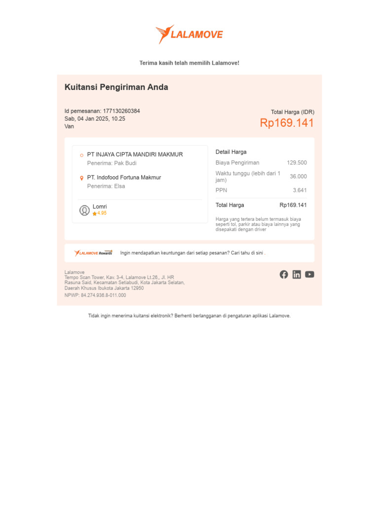 Invoice Lalamove Karung Lumpurnya Elsa | PDF