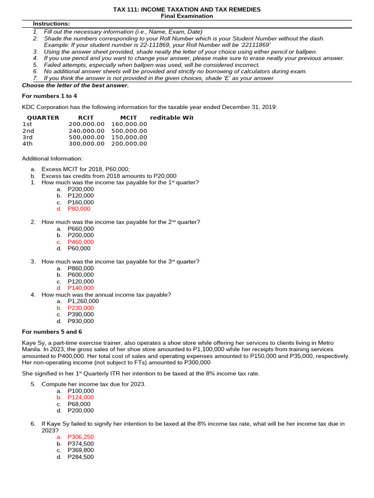 Final Exam Answers | PDF | Tax Deduction | Gross Income