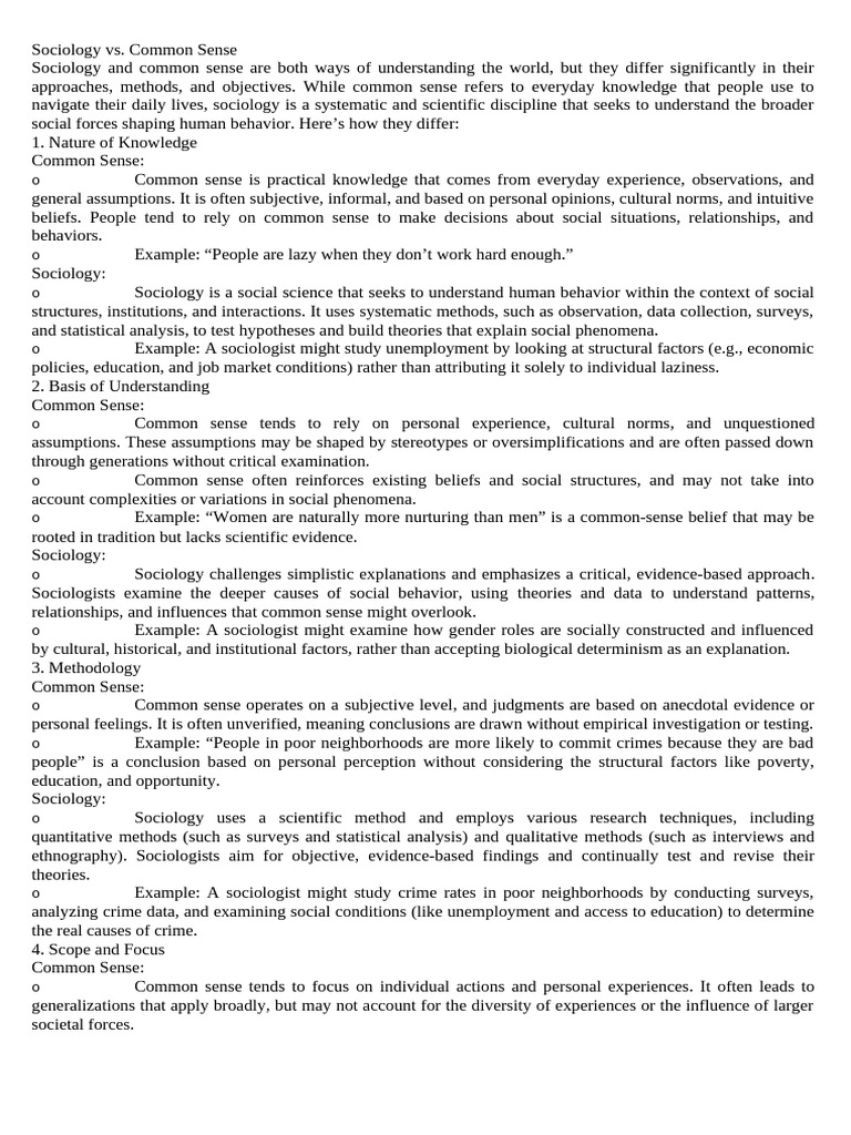 Sociology vs. Common Sense | PDF | Sociology | Methodology