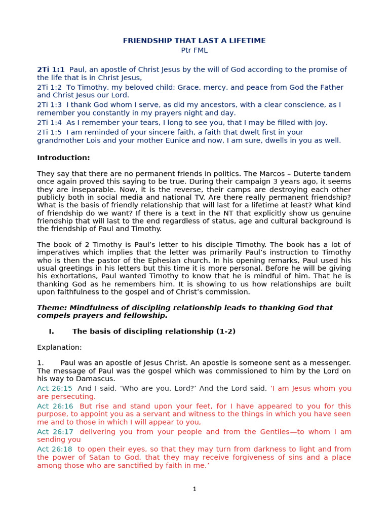 Sermon 1 Friendship That Last A Lifetime | PDF | Paul The Apostle ...