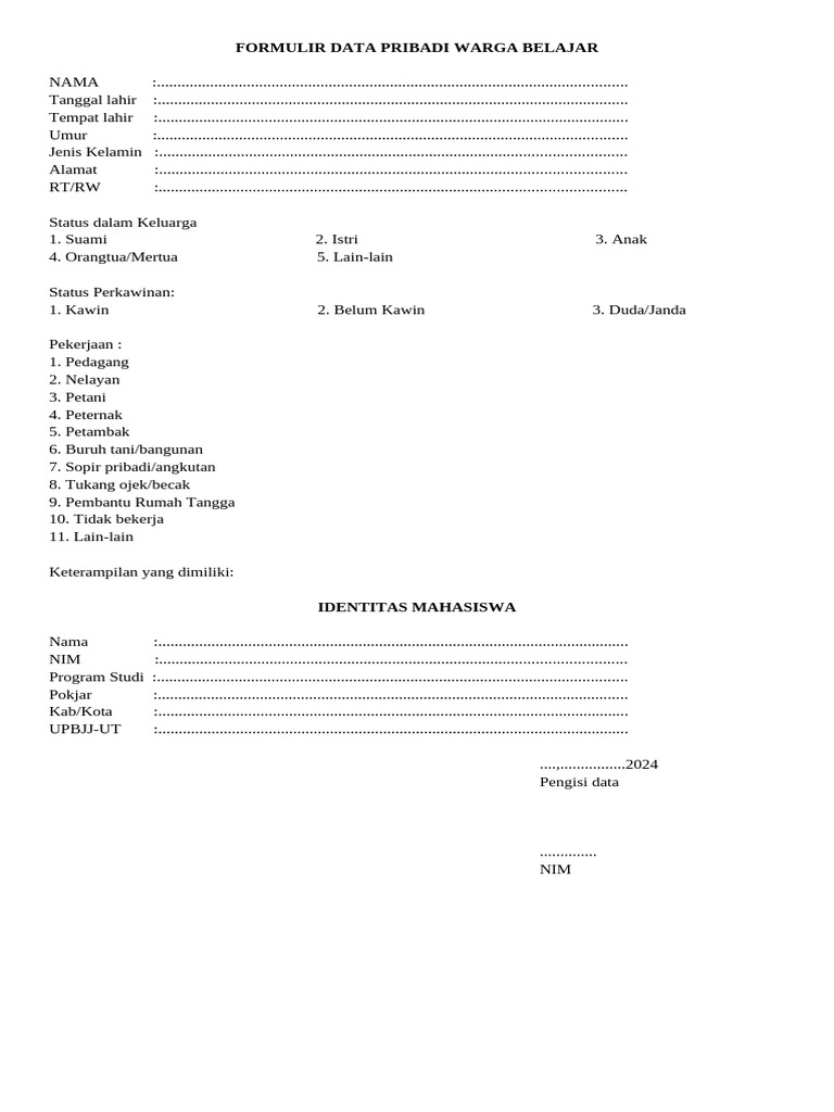 Formulir Data Pribadi Warga Belajar | PDF