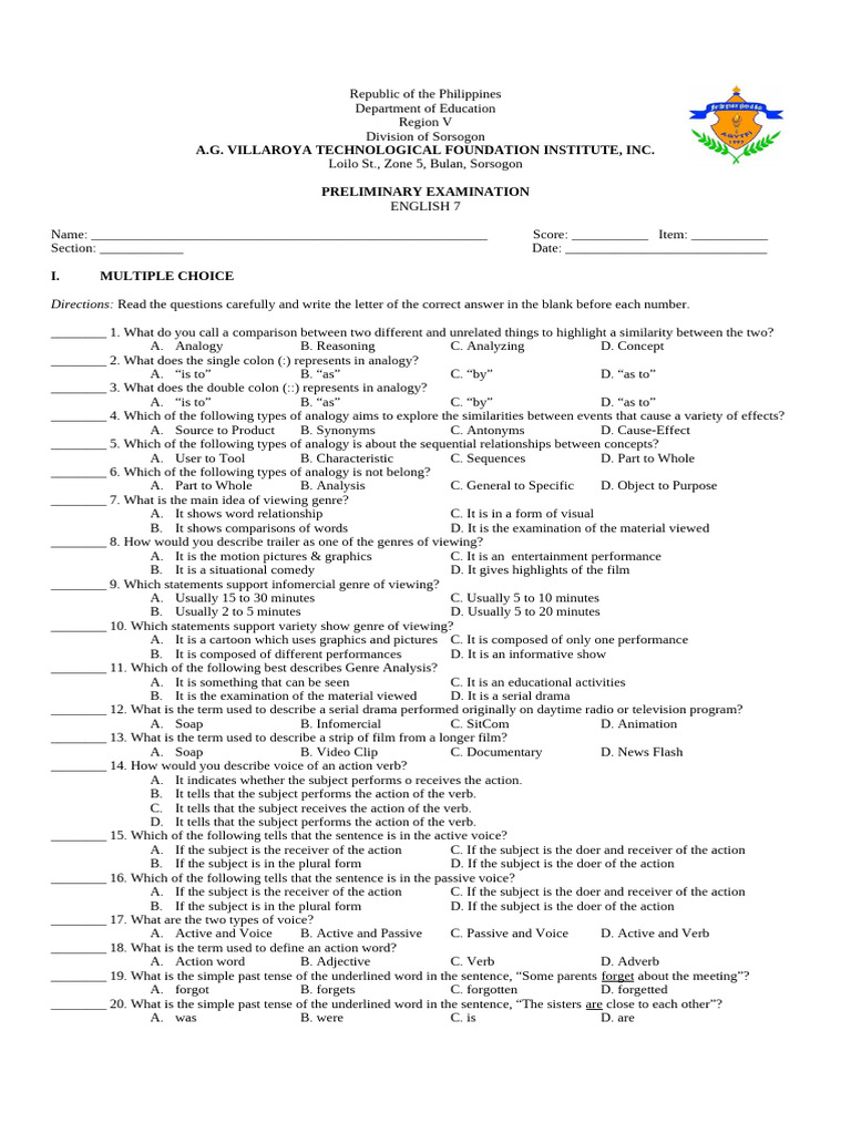 Grade 7 - Q1 Prelim | PDF | Subject (Grammar) | Analogy