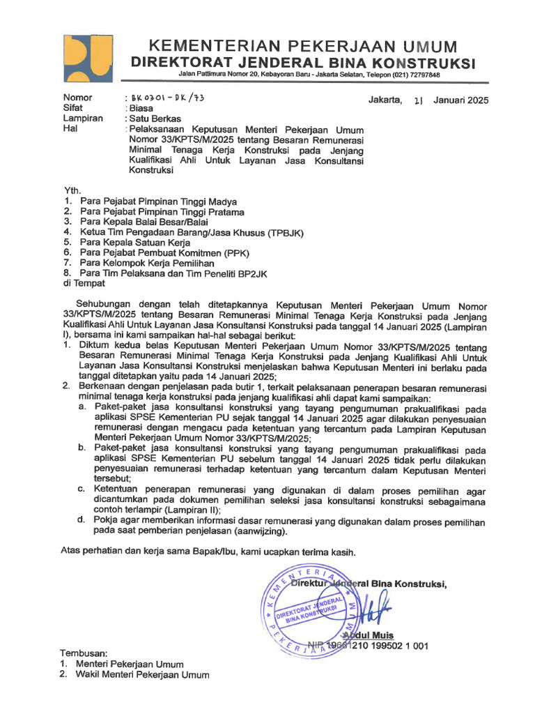 BK0301Dk-73 Pelaksanaan Keputusan Menteri PU No. 33 KPTS M 2025 Tentang Besaran Remunerasi ...