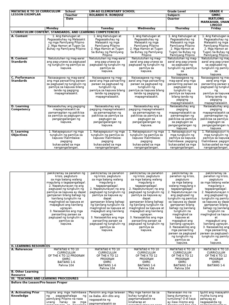 Grade 4-Q3W1 (Matatag DLL) - GMRC | PDF
