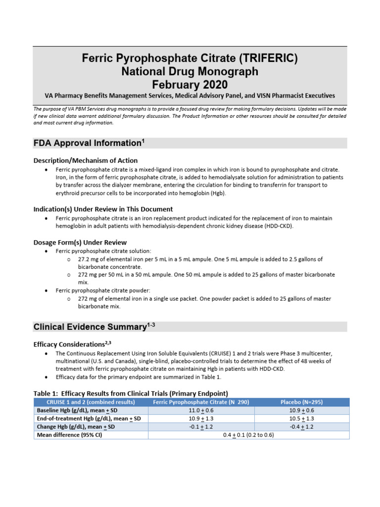 Triferic: Monograph and Clinical Insights | PDF | Chronic Kidney ...