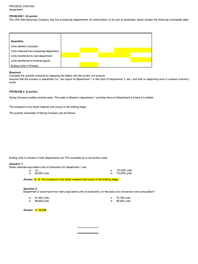 Process Costing Assignment 1 - EUP With Answers | PDF | Computer Engineering | Applied Mathematics