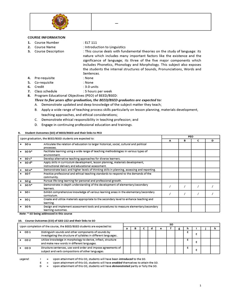 ELT111 Syllabus Revised-As-of-2ndsem 2018-2019 Final | PDF | Word | Speech