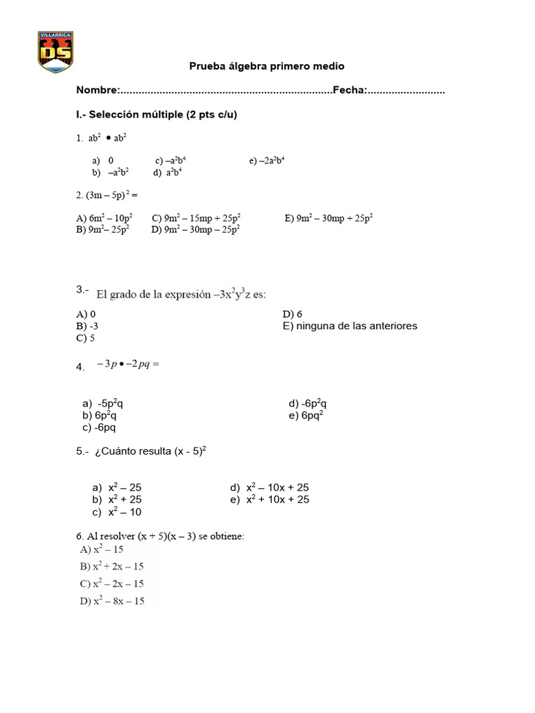 Prueba de álgebra para primero medio | PDF
