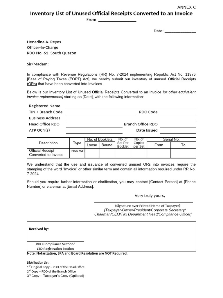 RMC No. 77-2024 Annex C-D | PDF | Invoice | Taxation