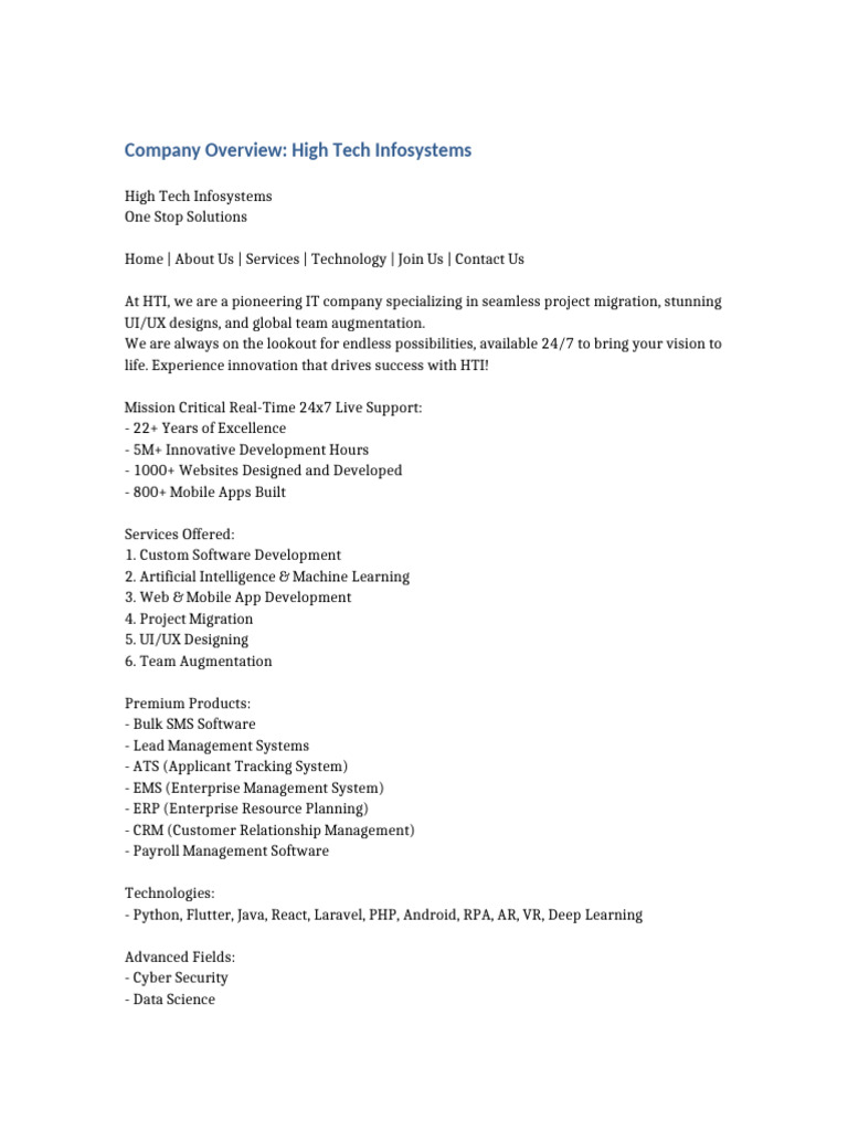 High Tech Infosystems Overview | PDF