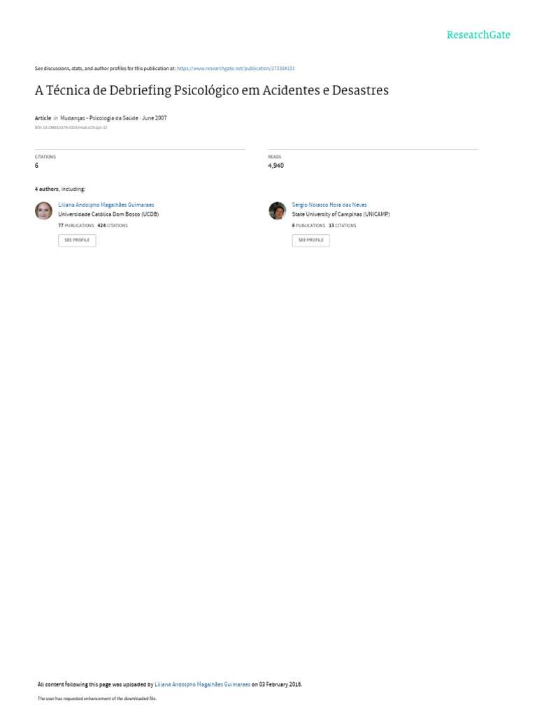 A Tecnica de Debriefing Psicologico em Acidentes e | PDF | Estresse ...