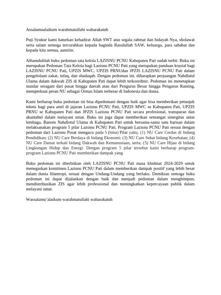 Kata Pengantar Buku Pedoman Lazisnu PCNU Pati | PDF