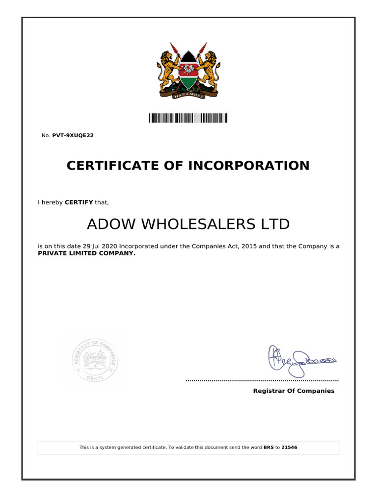 Adow Cert of Incorporation | PDF