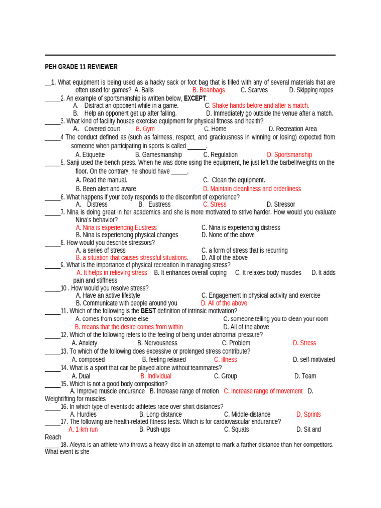 Grade 11 PEH Review Questions | PDF | Track And Field | Stress (Biology)