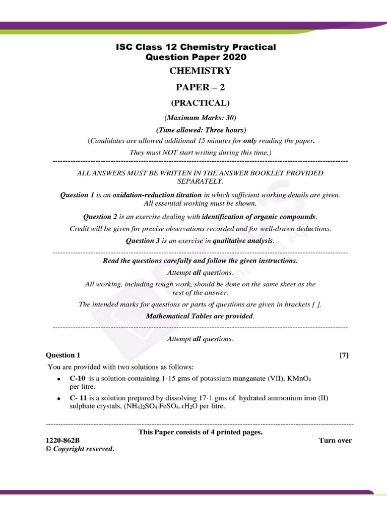 ISC Class 12 Chemistry Practical Question Paper 2020 | PDF