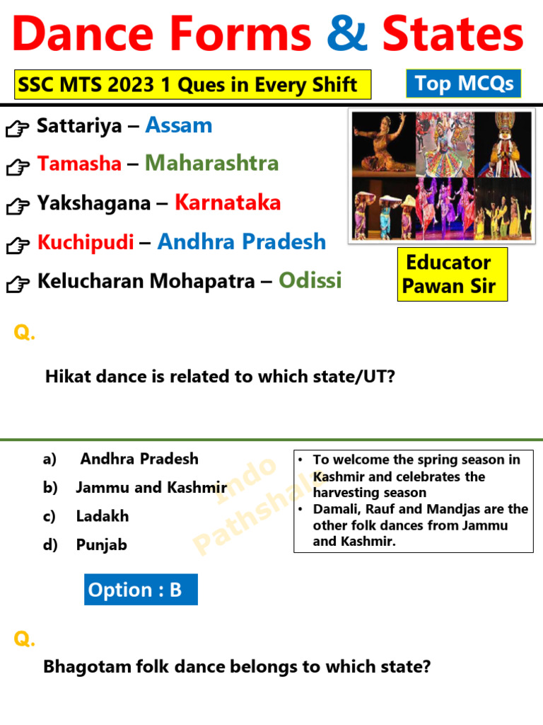 Indian Dance Forms by State: MCQs | PDF | Dances
