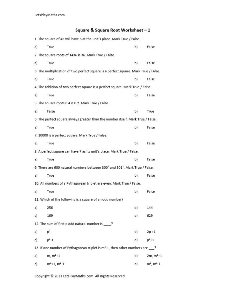 Class 8 Square and Squareroots Worksheet 1 | PDF | Square Root ...