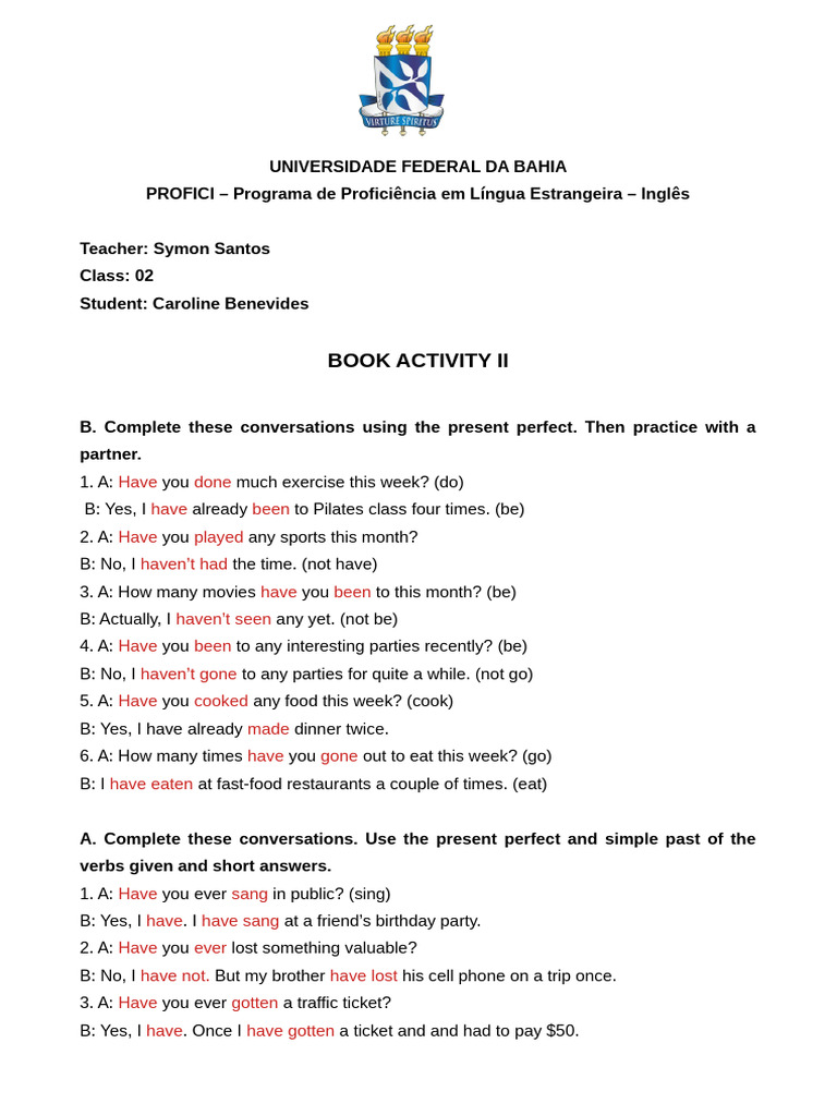 Book Activity II Caroline Word | PDF | Linguistics | Grammar