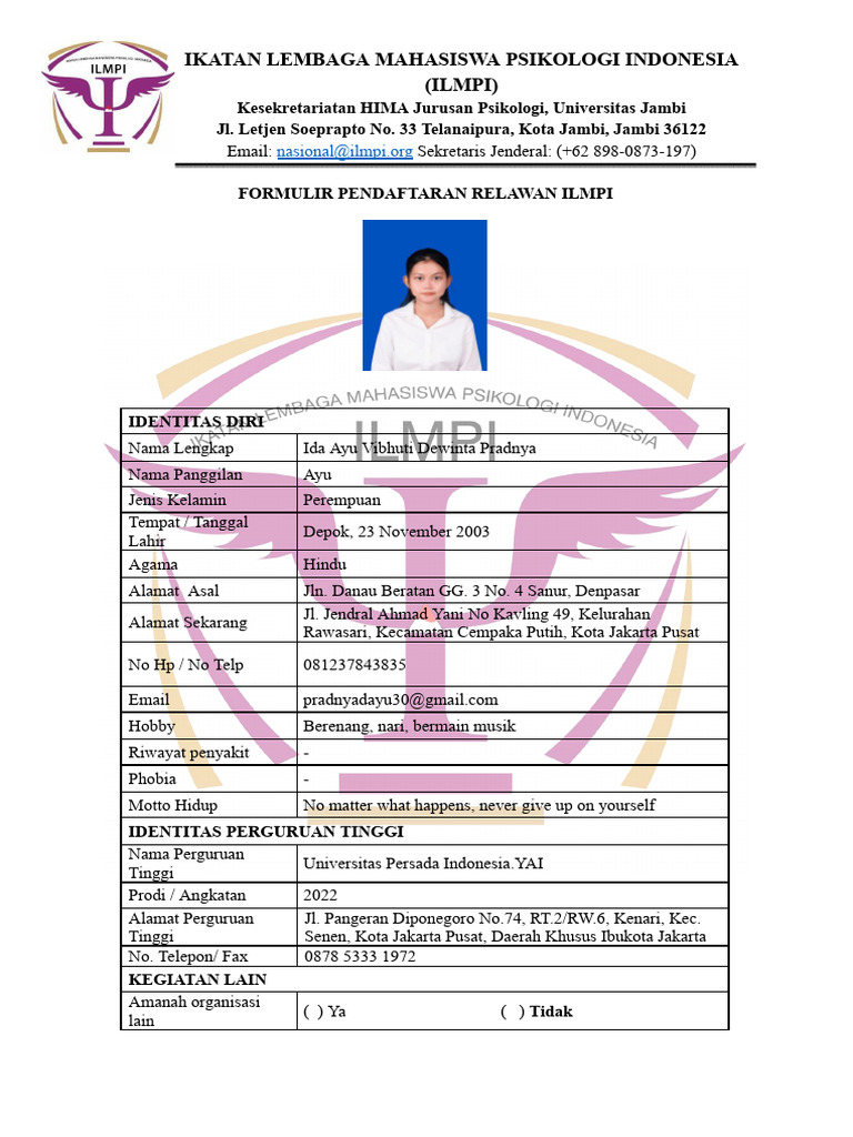 Pendaftaran Relawan ILMPI Psikologi | PDF