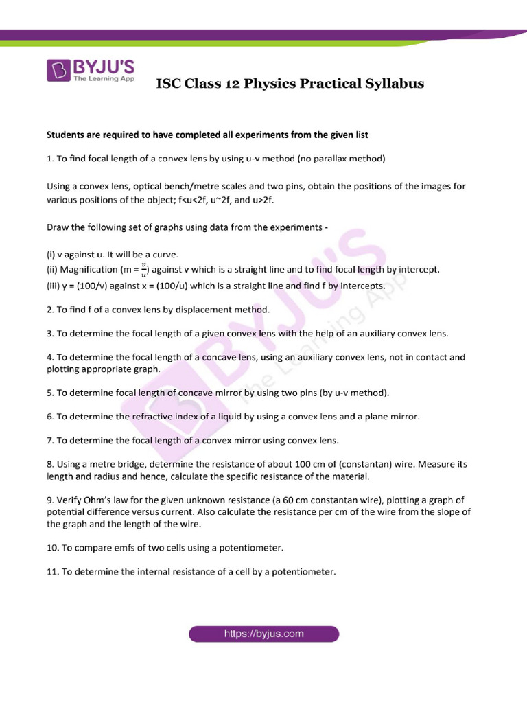 ISC Class 12 Physics Practical Syllabus | PDF