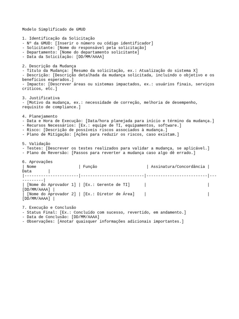 Modelo de GMUD: Estrutura e Aprovações | PDF